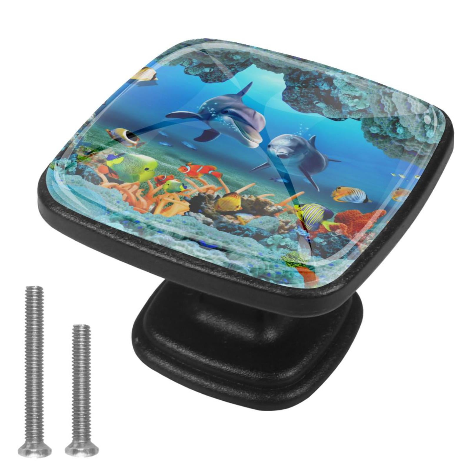 4 Pcs Cabinet Handle Drawer Pulls Fish and Dolphins Knobs with Screws Square Furniture Office ...