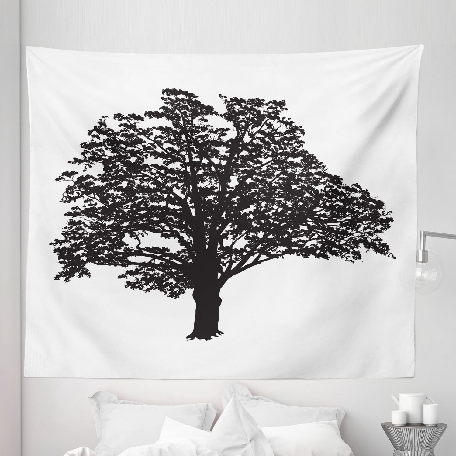 Oak Tree Tapestry, Quercus Silhouette Leaves Monochrome Drawing Forest ...