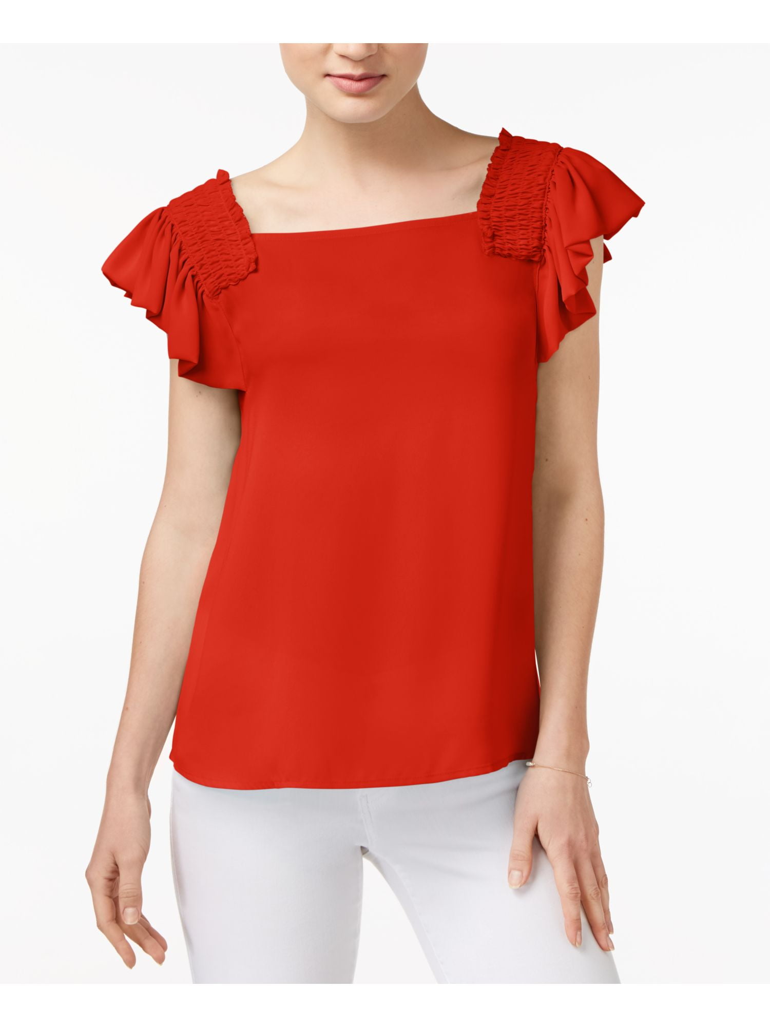 MAISON JULES $59 Womens New 1867 Orange Smocked Flutter-Sleeve Top 2XS ...