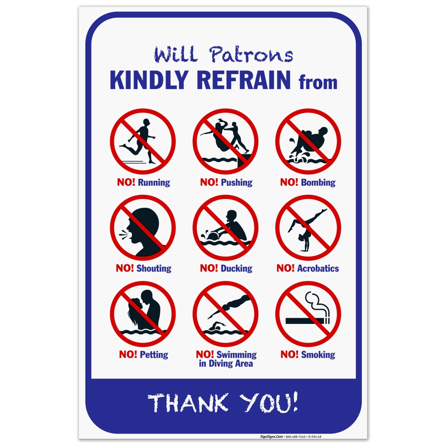 Pool Rules Sign, No Running No Pushing No Smoking, - Walmart.com