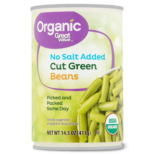 Great Value Organic No Salt Added Cut Green Beans, 14.5 oz Can ...