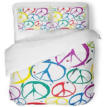 POGLIP 3 Piece Bedding Set Blue Sign with Multicolor Symbols of Peace ...
