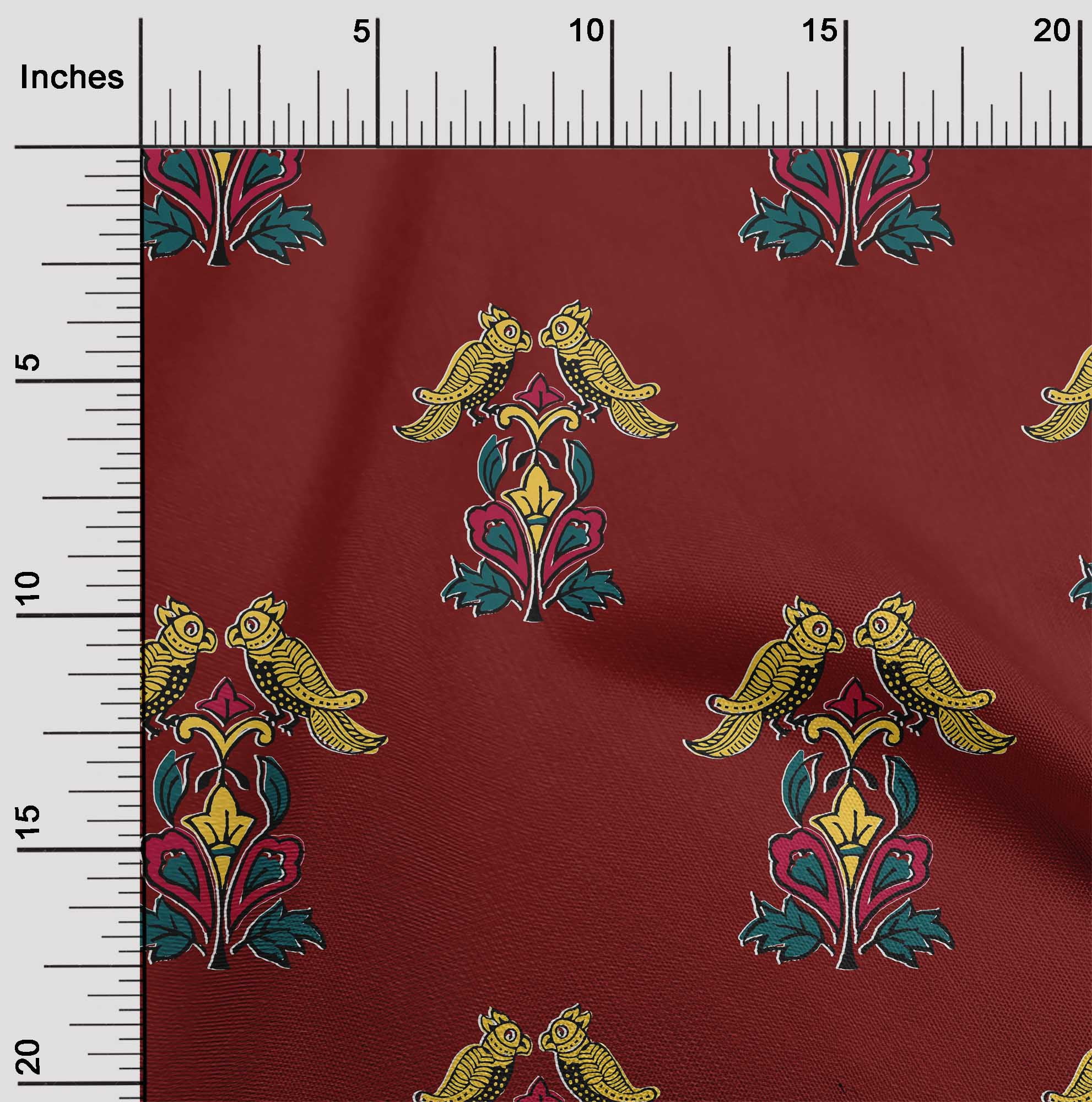 oneOone Silk Tabby Fabric Leaves|Bird & Floral Block Print Fabric By ...