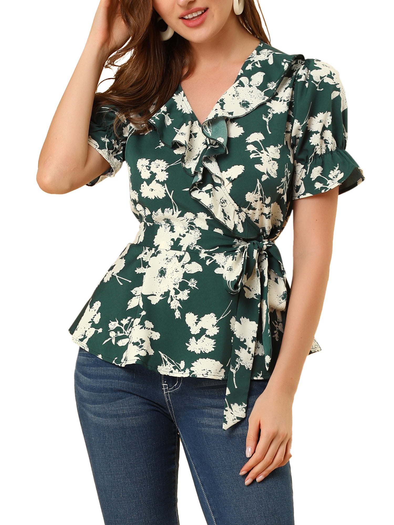 Allegra K Womens Floral V Neck Short Sleeves Round Hem Ruffled Peplum