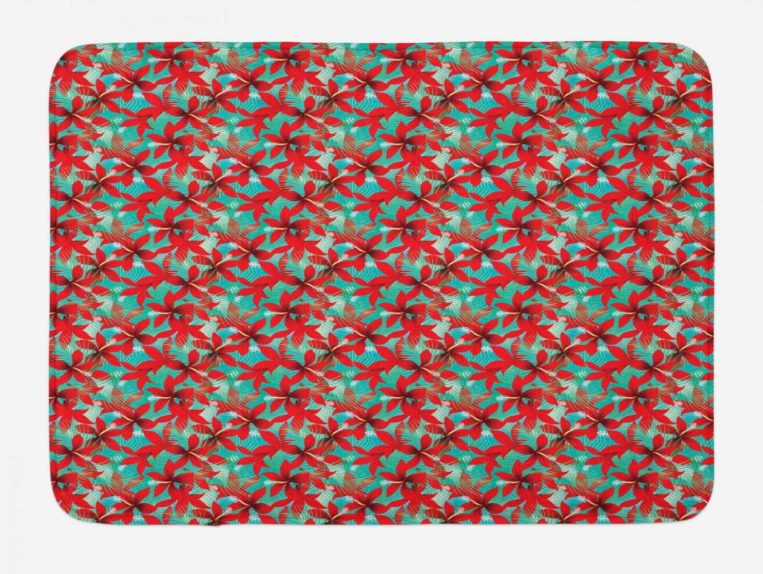 Hawaiian Bath Mat, Red Hibiscus Flowers with Green Leaves Aloha Lush ...