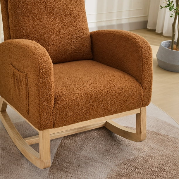Sherpa Glider Chair with High Back and Side Pocket Rocking Accent Armchair for Nursery Living Room and Bedroom Caramel Walmart Business Supplies