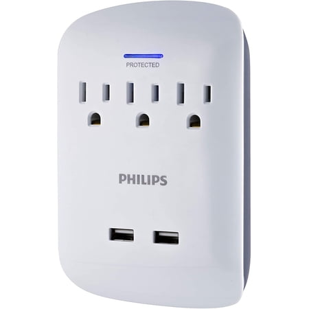 PHILIPS 3-Outlet Surge Protector Wall Tap with 2 USB Ports, Compact ...