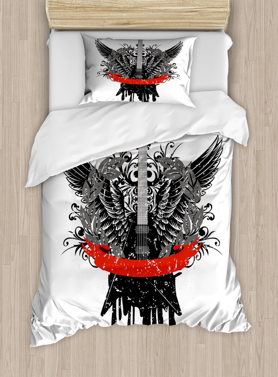 Rock Music Duvet Cover Set Twin Size, Guitar Wings Leaf Pattern Ribbon ...