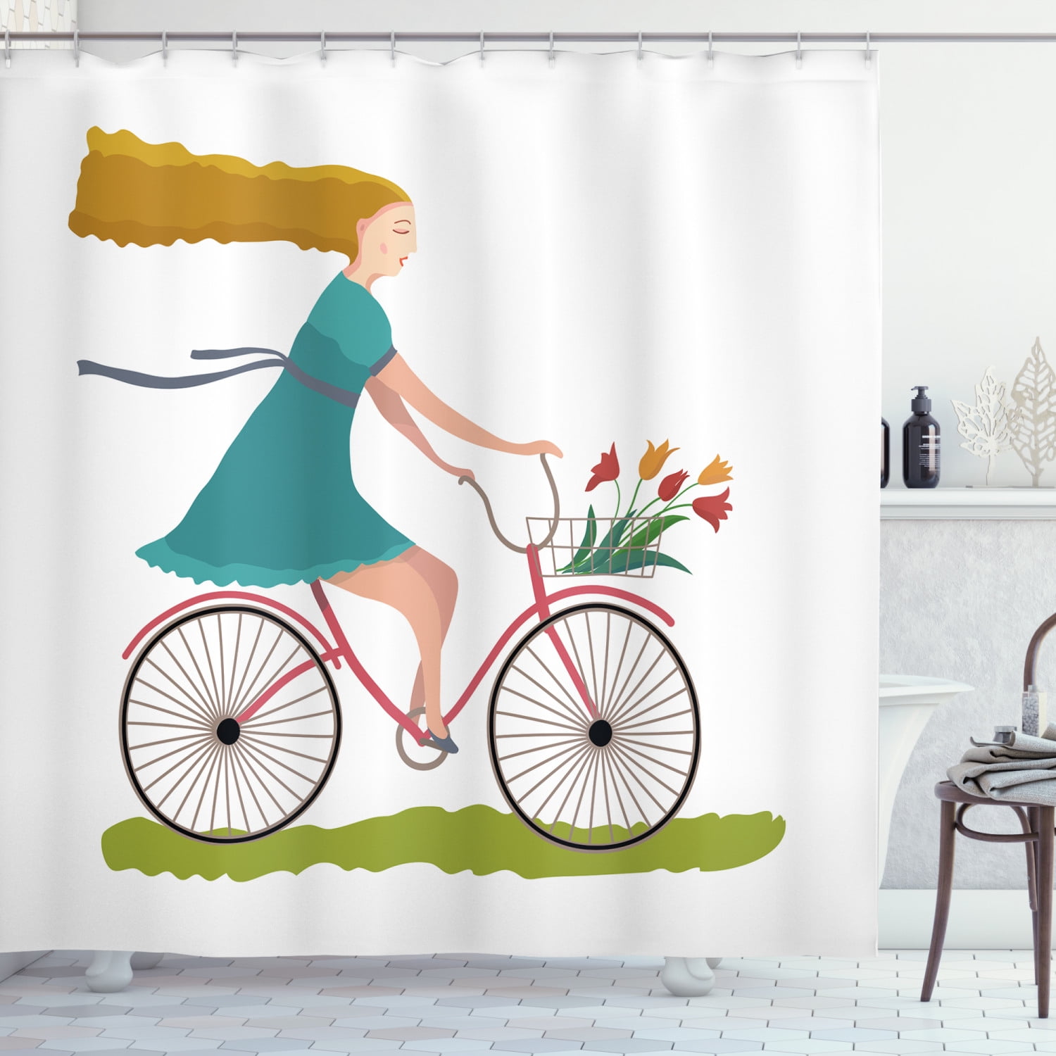 Ambesonne Bicycle Shower Curtain, Woman on Bike Tulips, 69"Wx84"L ...