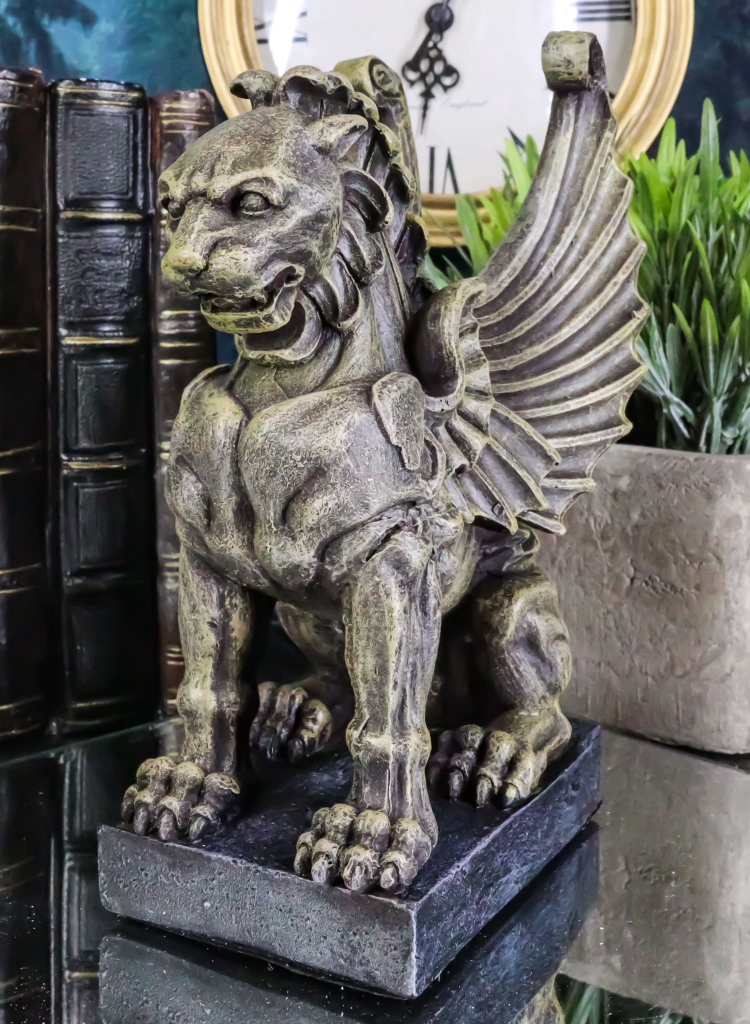 Stoic Winged Lioness Gargoyle Crouching On Pedestal Decorative Figurine ...