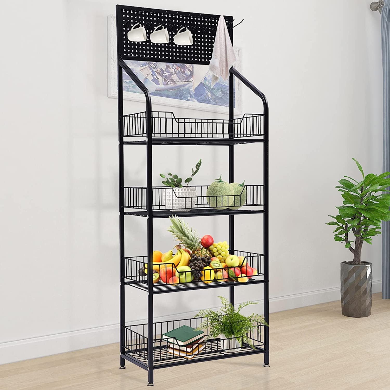 Miumaeov 4 tier Bakers Rack with 5 Metal Hooks,Standing Shelf Units ...