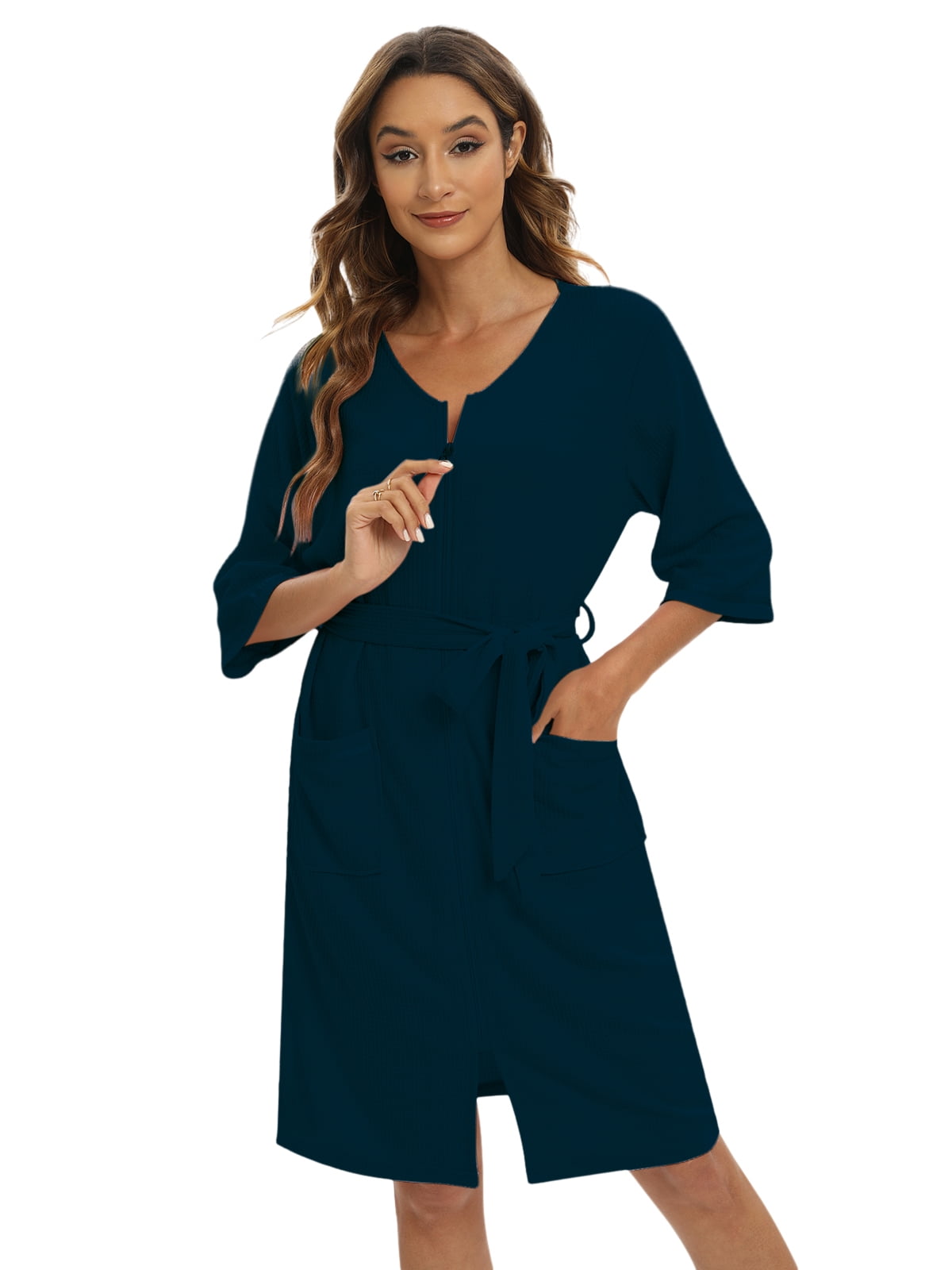 Womens Zipper Front Robe Nightgowns, Loose Spa Bathrobe V-neck Soft ...