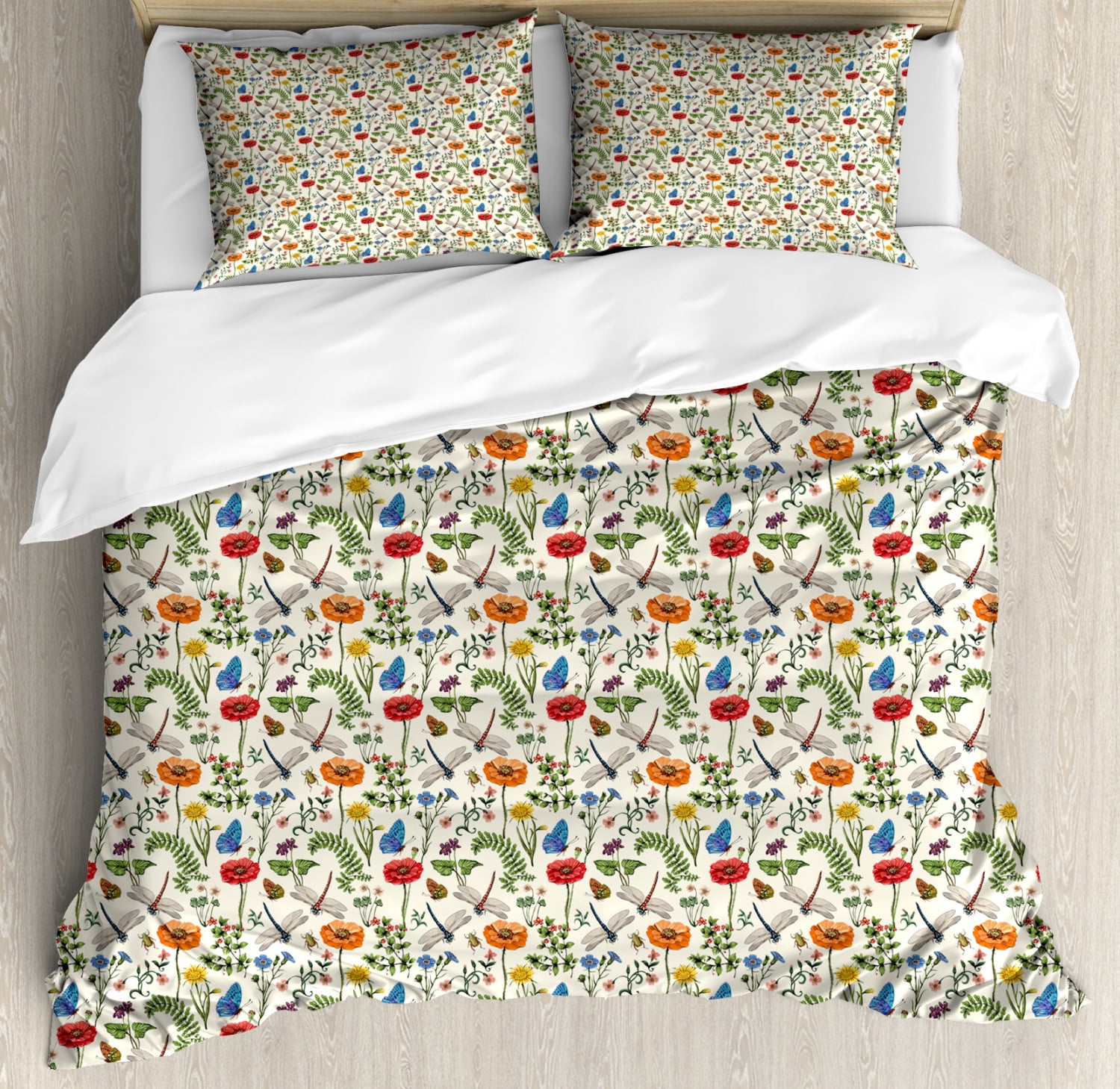 Botanical Queen Size Duvet Cover Set, Vintage Plants Bugs and Flowers ...