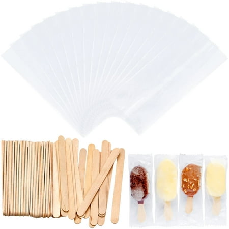200 Pieces Ice Pop Set Clear Ice Pop Bags Ice Cream Sticks Wooden ...