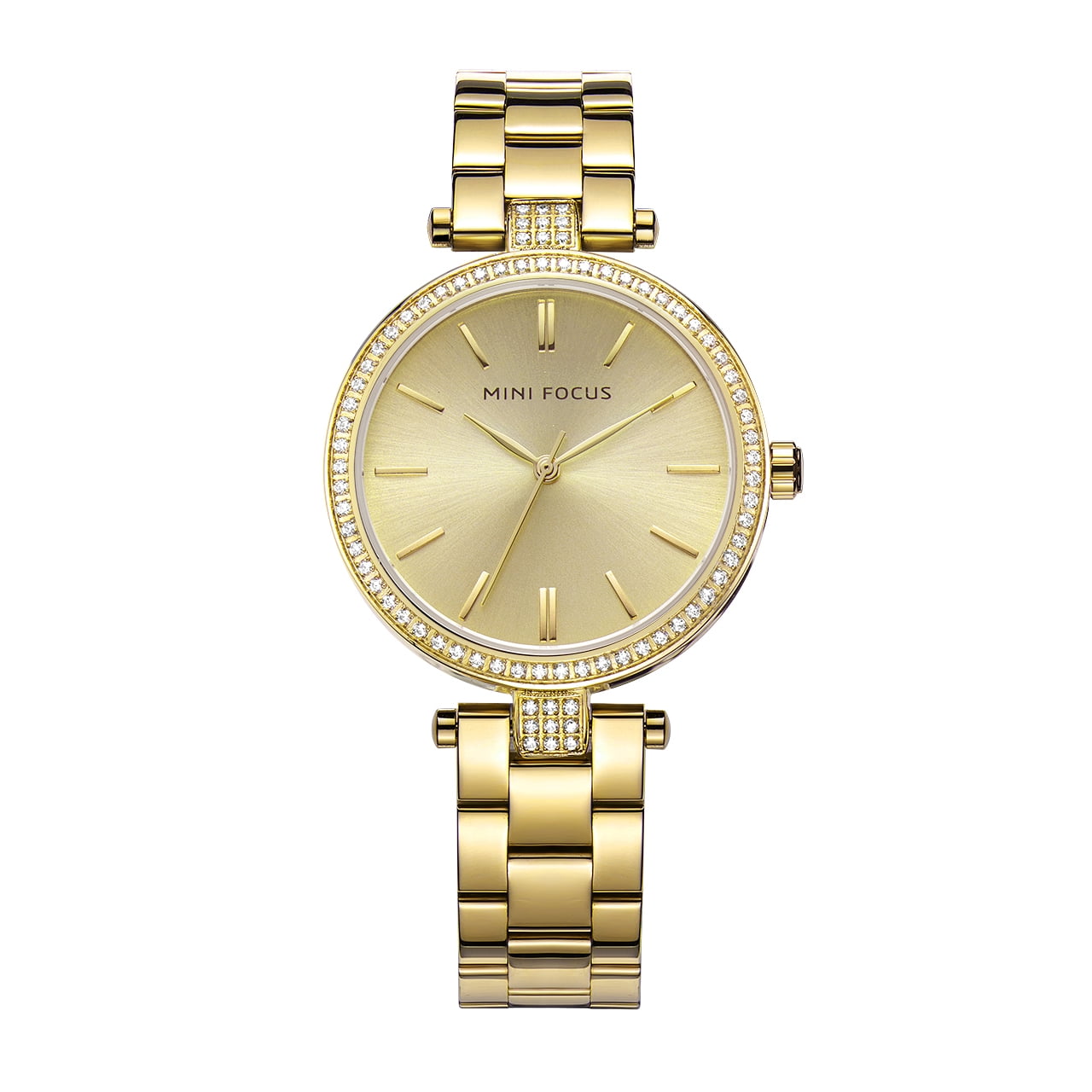 Womens Quartz Watch Gold Solid Steel Belt Crystal Enchases Bezel Simple ...