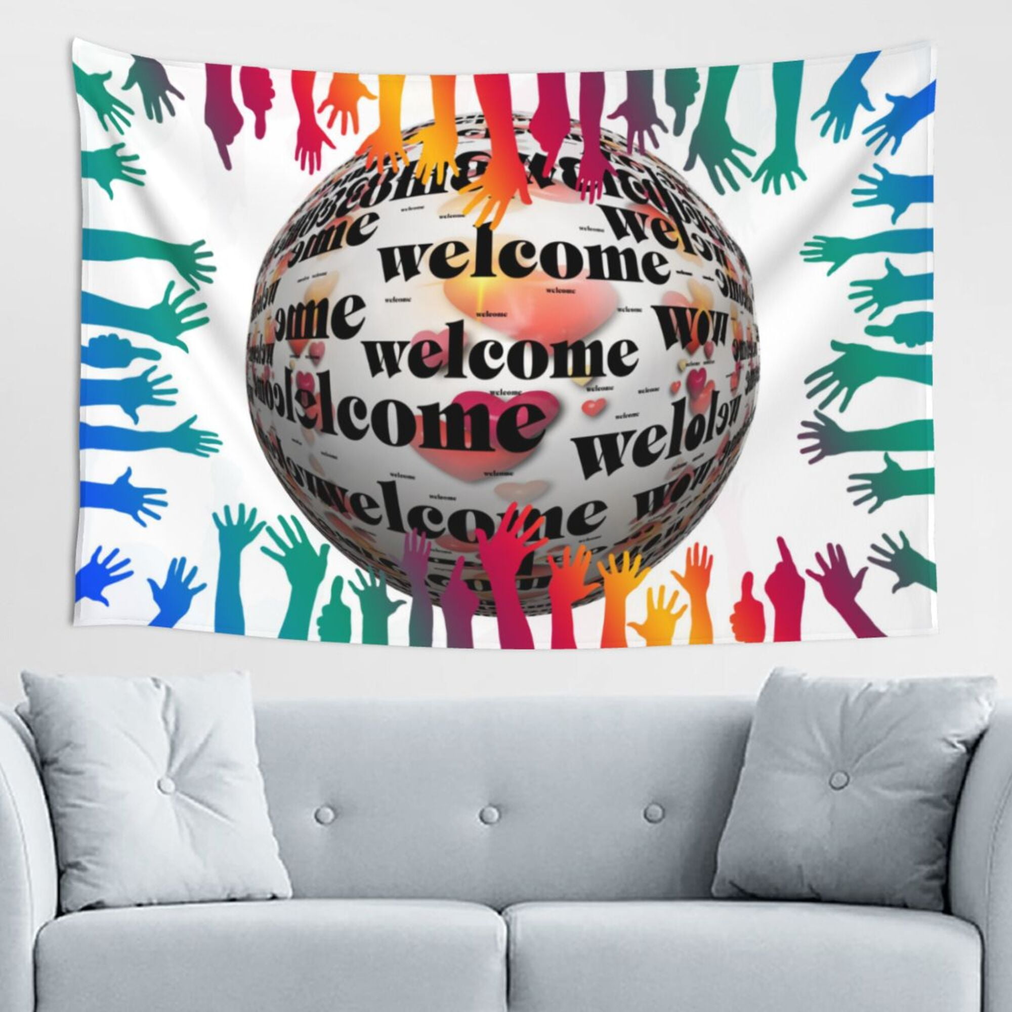 Welcome Peace Symbol Tapestry, Grasp Lots Hands Wall Hanging Tapestries ...