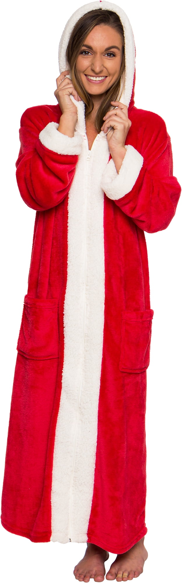 Silver Lilly Womens Zippered Sherpa Trim Fleece Robe with Hood - Warm Plush Luxury Bathrobe (Red ...
