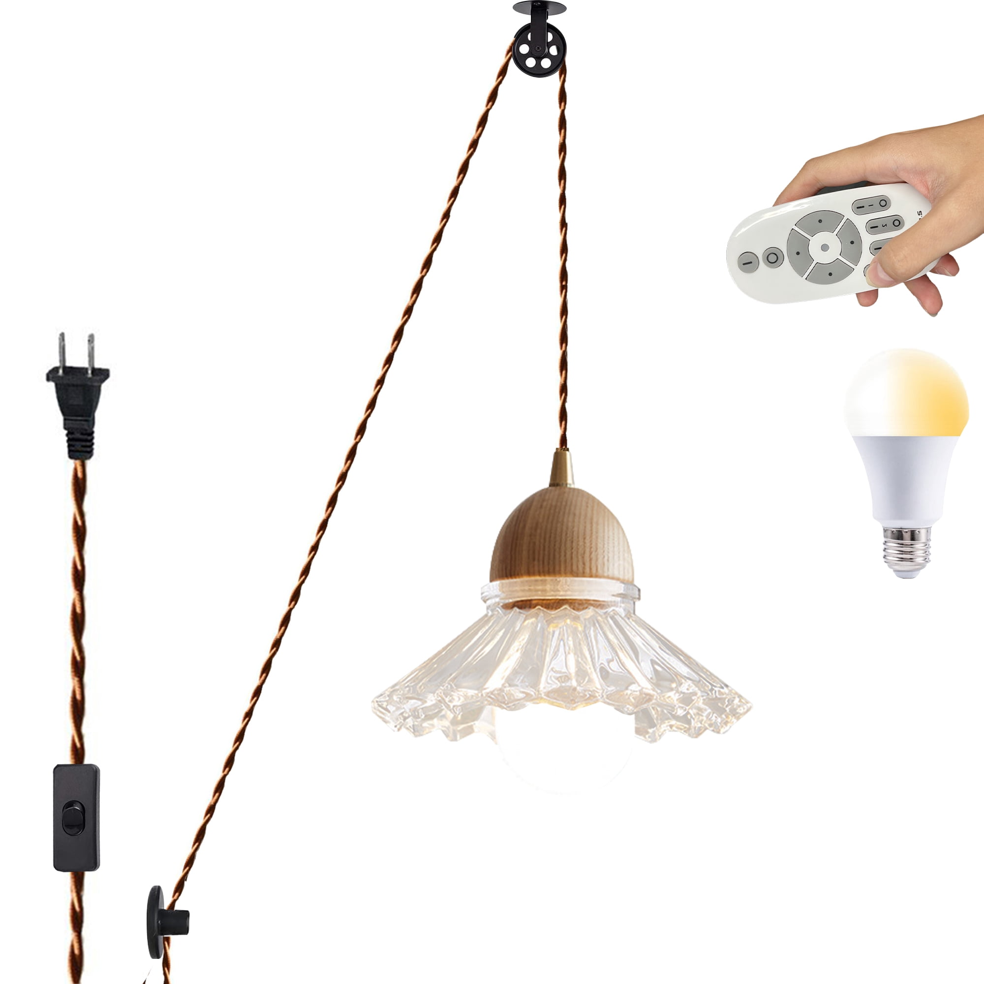Kiven Plug in Pendant Light, Modern Pulley Hanging Light with Remote ...