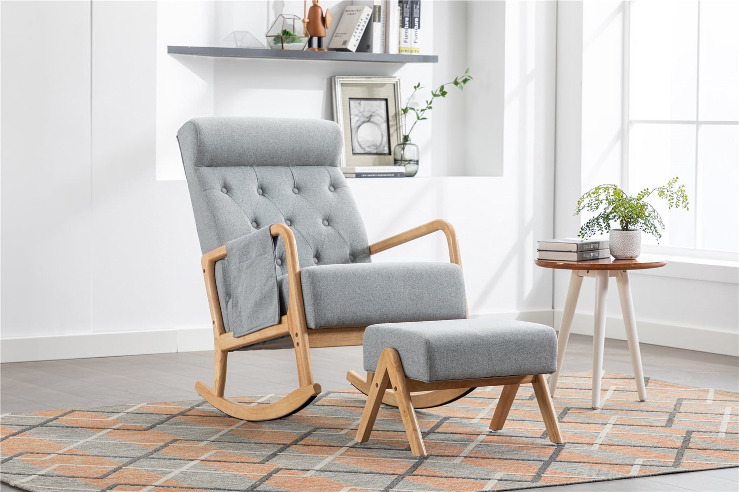 Rocking Chair with Ottoman, Mid-Century Fabric Upholstered Armchair ...