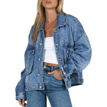 Eytino Denim Jacket for Women Long Sleeve Boyfriend Jean Jacket Loose Coat White L Female ...
