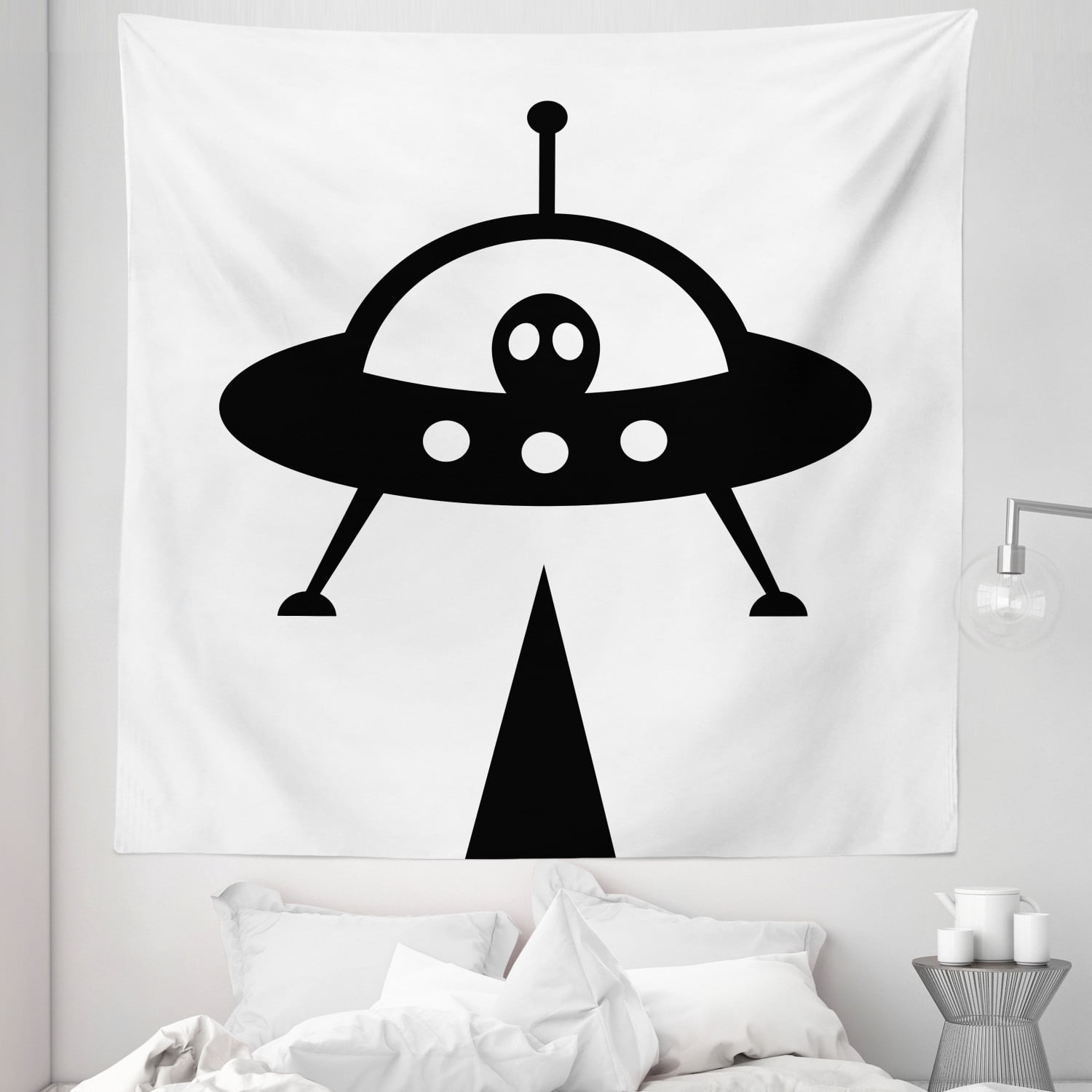 Alien Tapestry, Monochrome UFO Stamp Look Spaceship Galaxy Travel ...