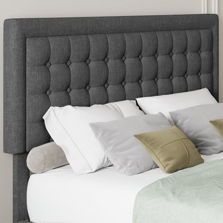 Homfa Queen Bed Frame Button Tufted Upholstered Platform with Adjustable Headboard Dark Grey Gray