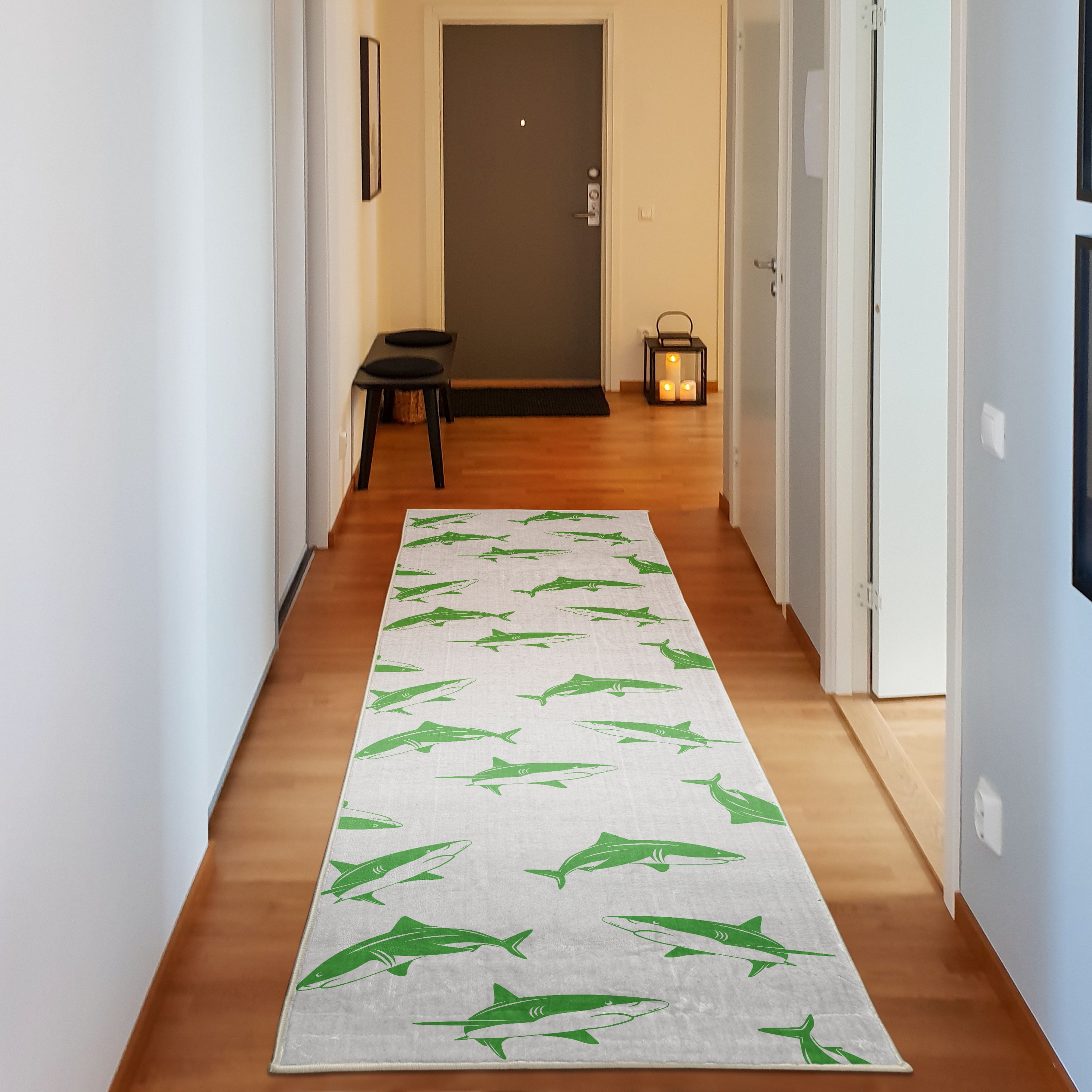 Sea Animals Decorative Rug, Repeated Cartoon Sharks Swimming to ...