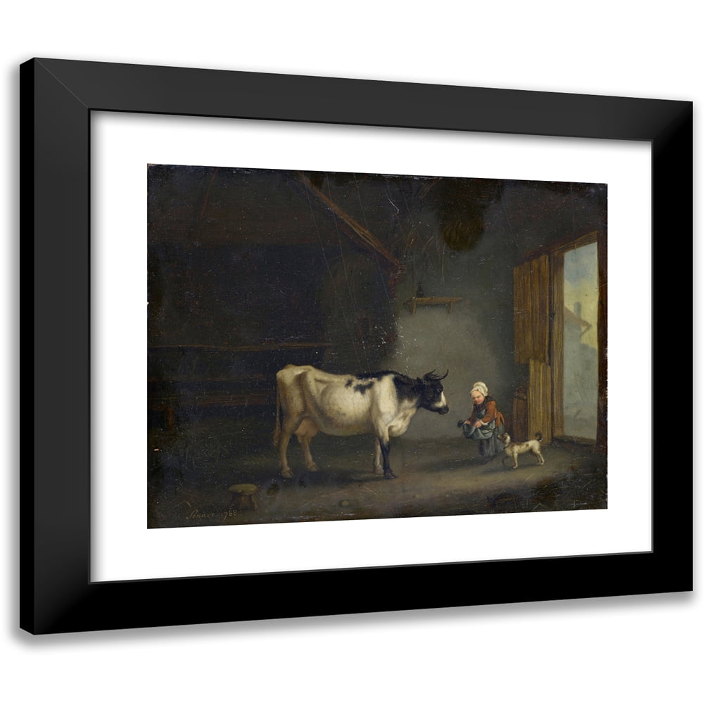 Jacques Albert Senave 14x12 Black Modern Framed Museum Art Print Titled - Girl with Cow in a ...
