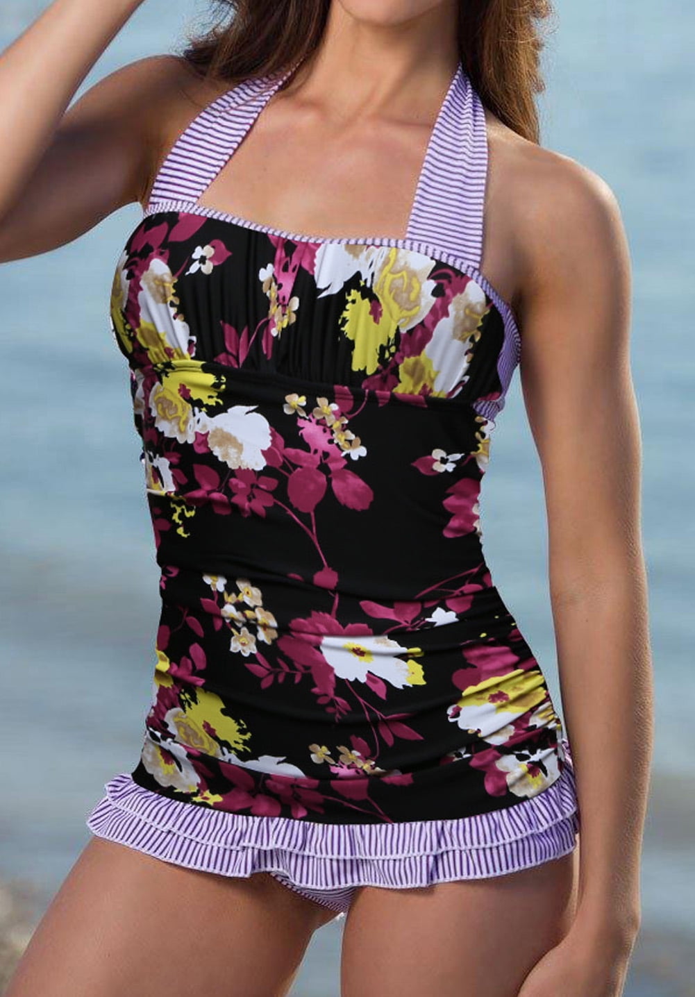 Women's Purple Open Back Ruched Halter Top Shorts Tankini Set | Walmart ...