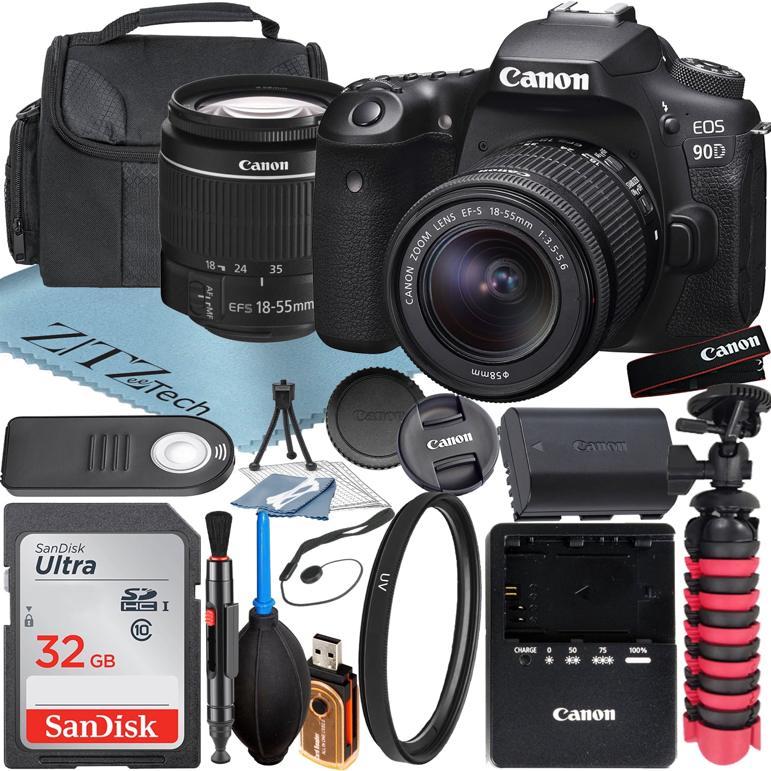 Canon EOS 90D DSLR Camera with 18-55mm Lens + SanDisk 32GB Memory Card ...