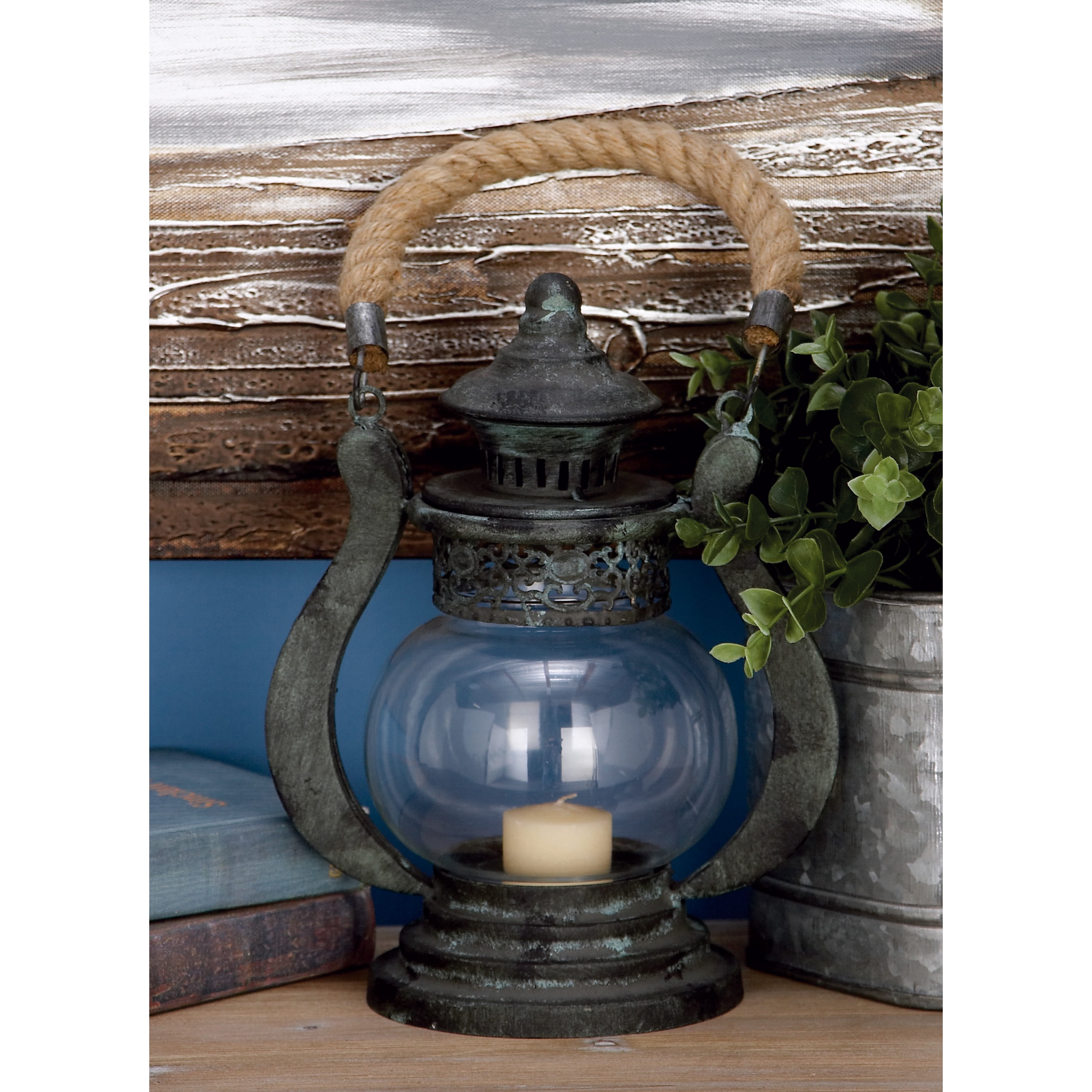 DecMode 8"W, 9"H Rustic Metal Lantern, Black, 1 - Piece - Walmart.com