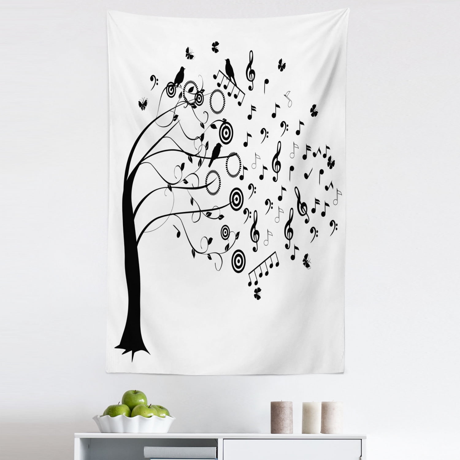 Music Note Tapestry, Layout of Flowing Motifs Off of a Tree with Birds ...
