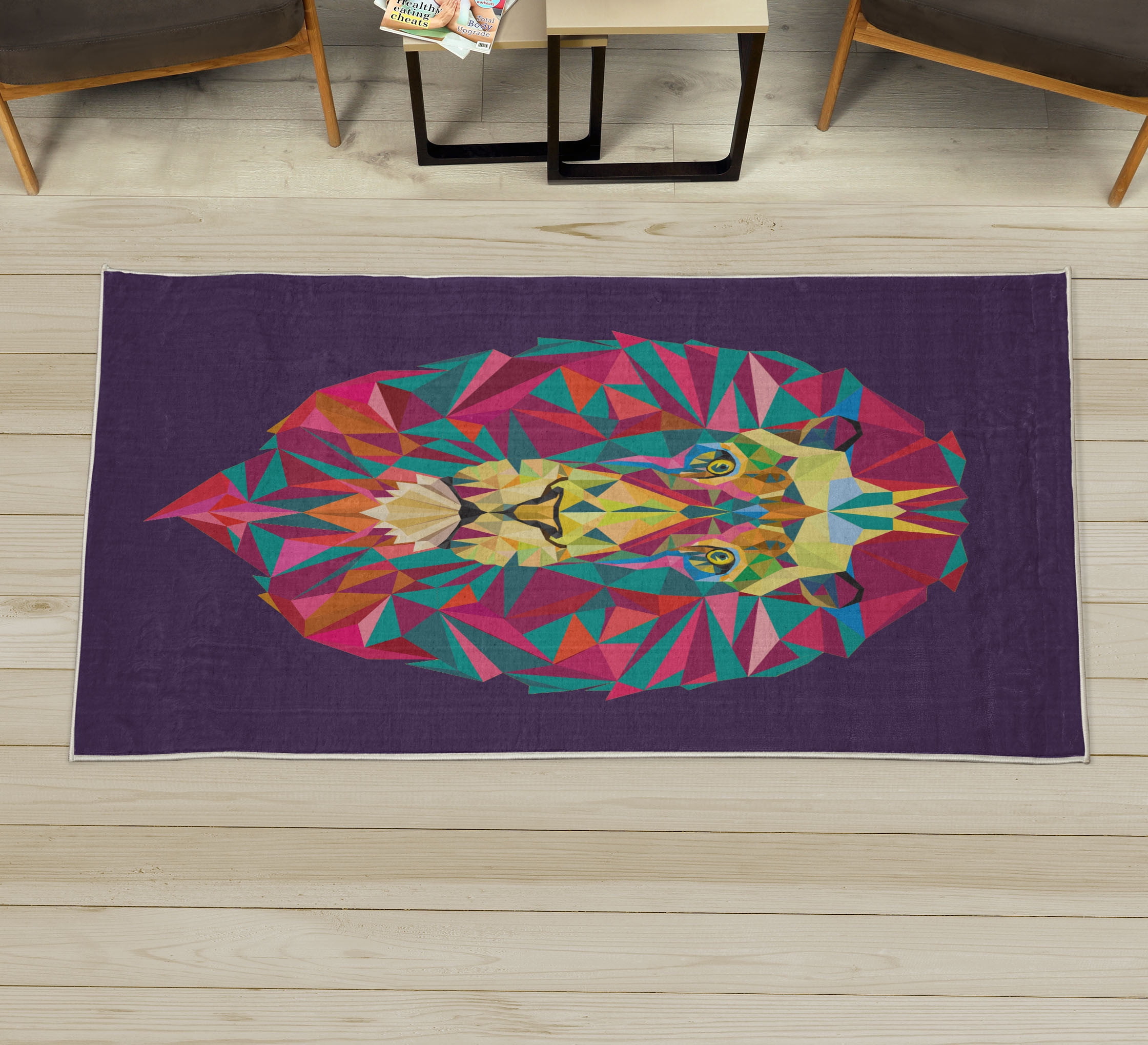 Zoo Decorative Rug, Colorful Animals Geometric Diamond Face Lions Mane ...