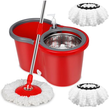 360° Spin Mop & Bucket with Wringer Set, Black & Red, 3 Absorbent ...