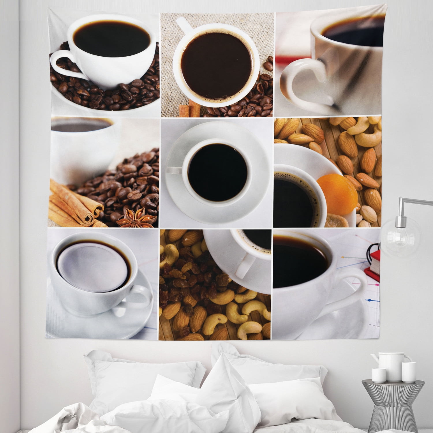 Coffee Tapestry, Coffee Mugs Collage with Almonds Cashews Beans ...