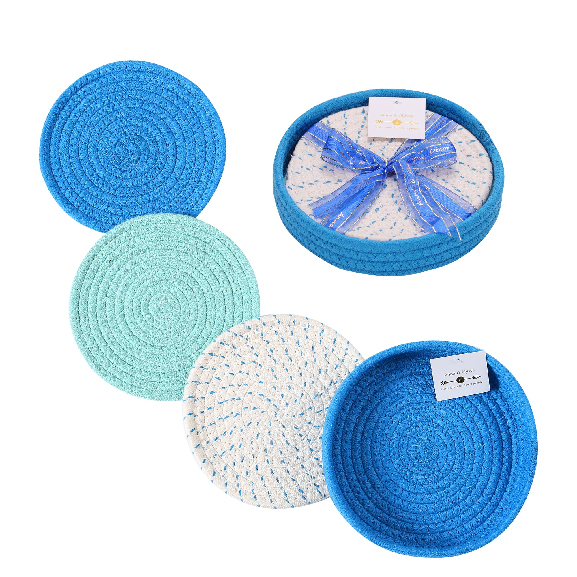 Sky Blue Cotton Woven Trivet Set with Holder, 7 inches Round Fabric ...