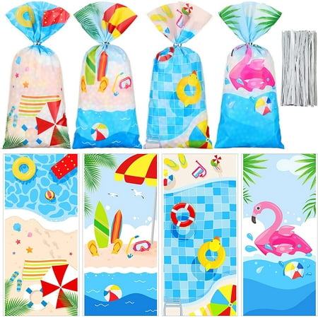 100 PCS Beach Ball Pool Cellophane Bags Summer Gift Treat Bags Beach ...