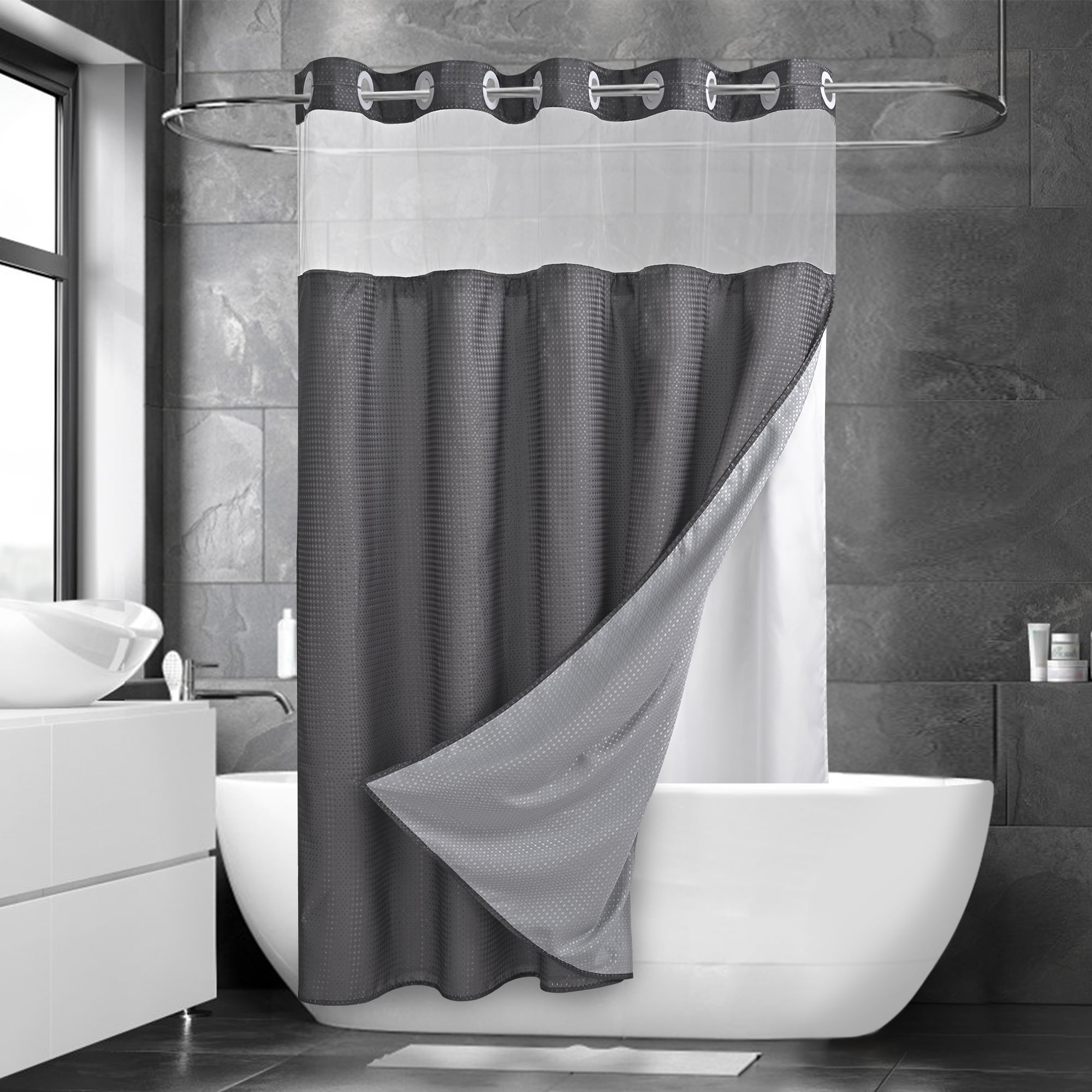 Ikfashoni Gray Hookless Shower Curtain with Snap in Liner,Waffle Weave ... Ikfashoni Gray Hookless Shower Curtain with Snap in Liner,Waffle Weave ...