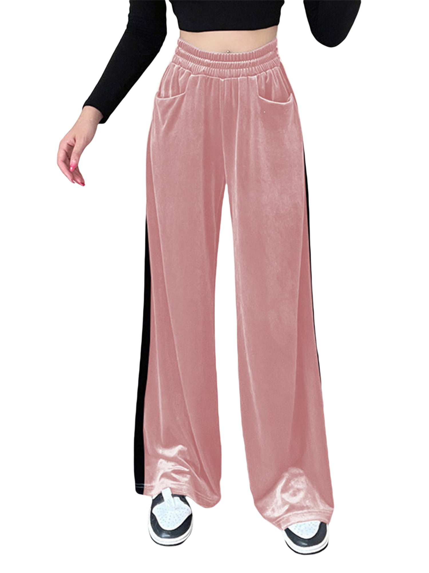 Seyurigaoka High Waisted Velvet Pants for Women Elastic Waist Wide Leg ...
