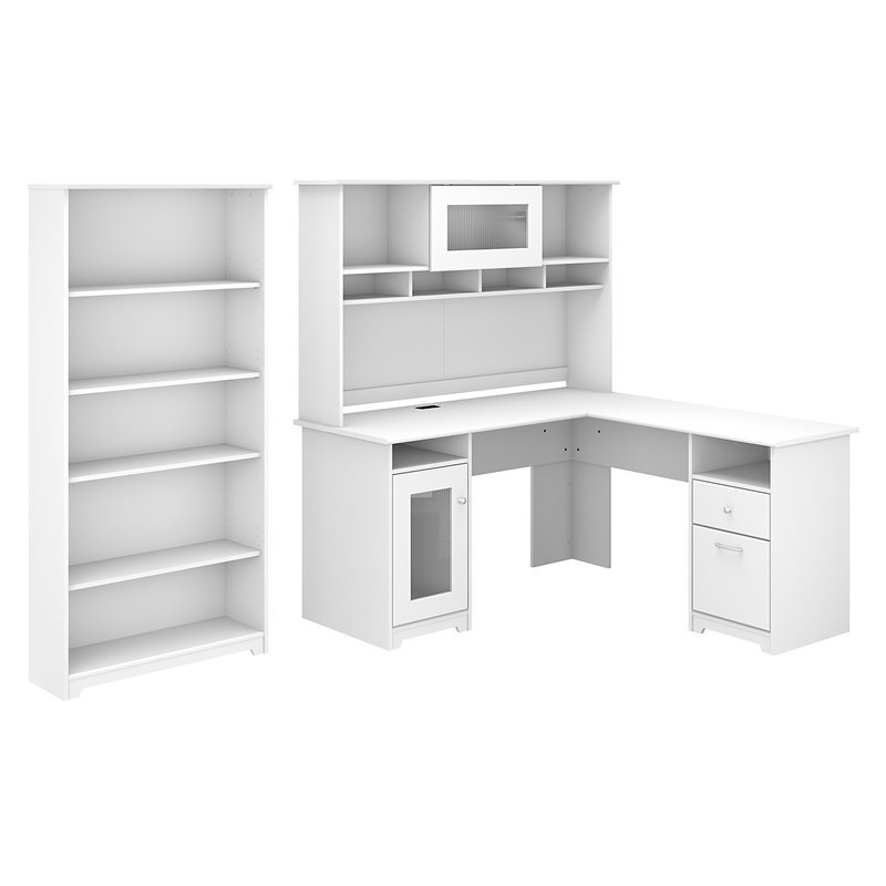 Atlin Designs 60" Desk with Hutch and 5 Shelf Bookcase in White ...