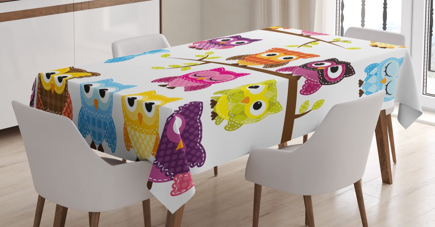 Nursery Tablecloth, Set of Patchwork Quilt Style Owls on Branches with ...