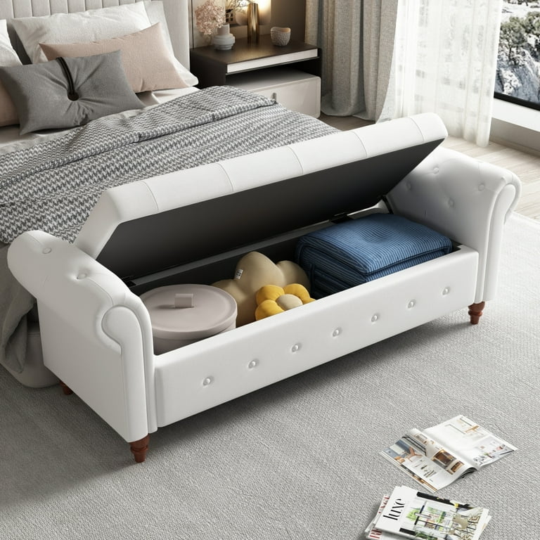 Cream End Of Bed Storage Bench Bedroom Bench ,Velvet Oval Upholstered