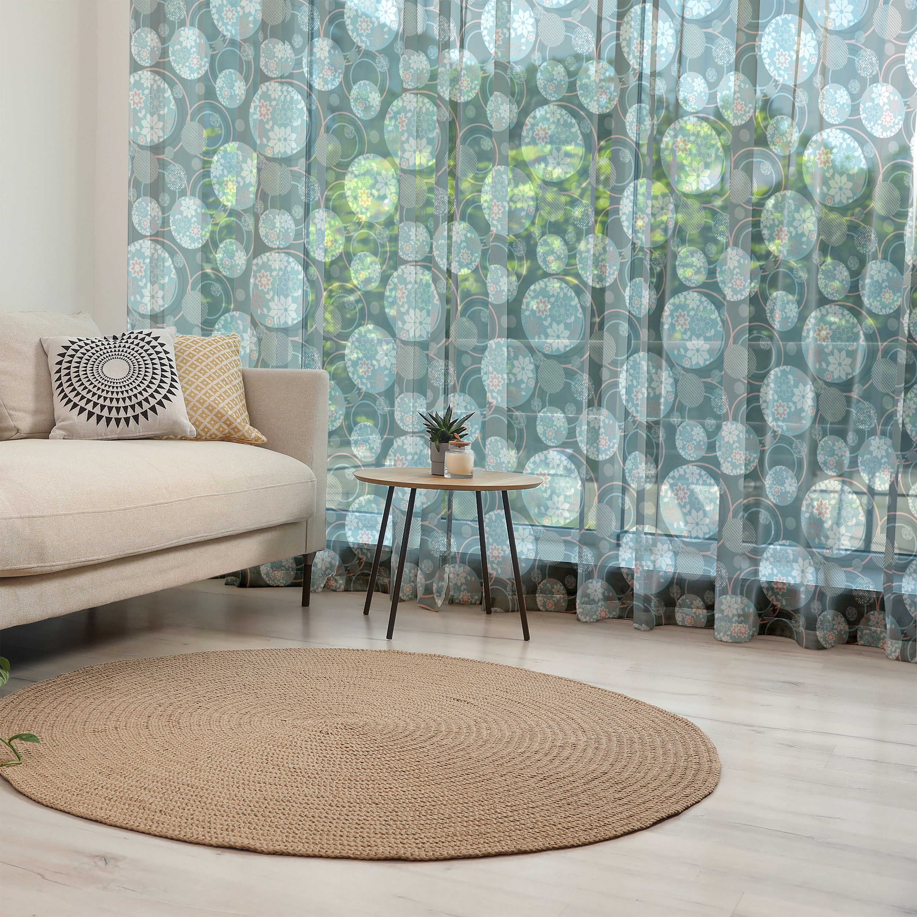 Geometric Circle Tulle Curtains with Rod Pocket, Floral Ornamental ...