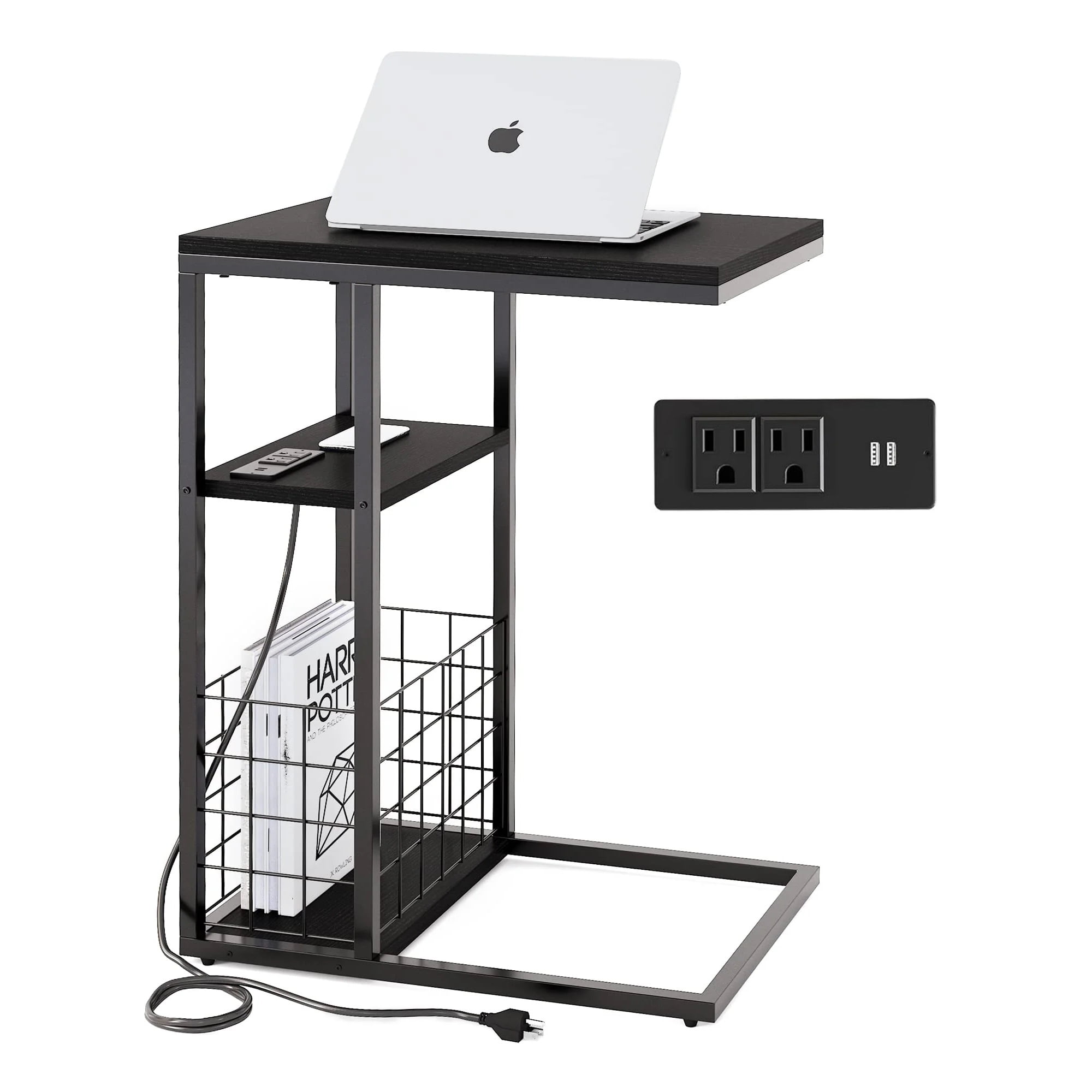 Toytexx C-Shaped End Table With Power Outlet  Adjustable Under Sofa Side Stand For Living Room (Black)