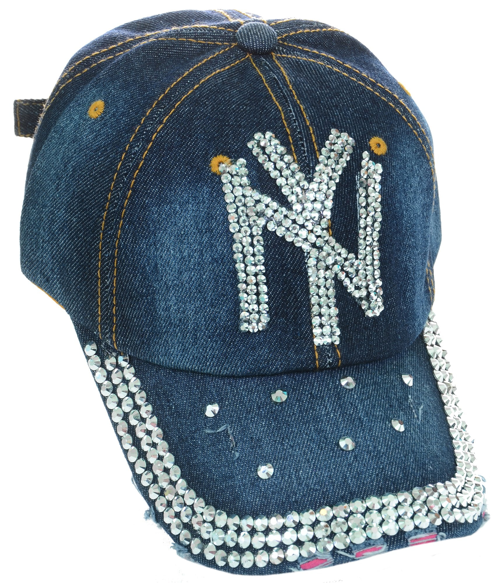 New York NY Rhinestone Studded Frayed Blue Denim Bling Baseball Cap ...