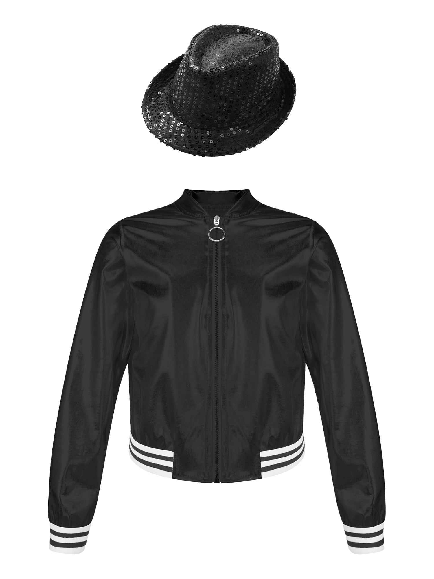 YiZYiF Girls Metallic Long Sleeve Bomber Jacket Outwear with Fedora Hat for Dance Performance ...