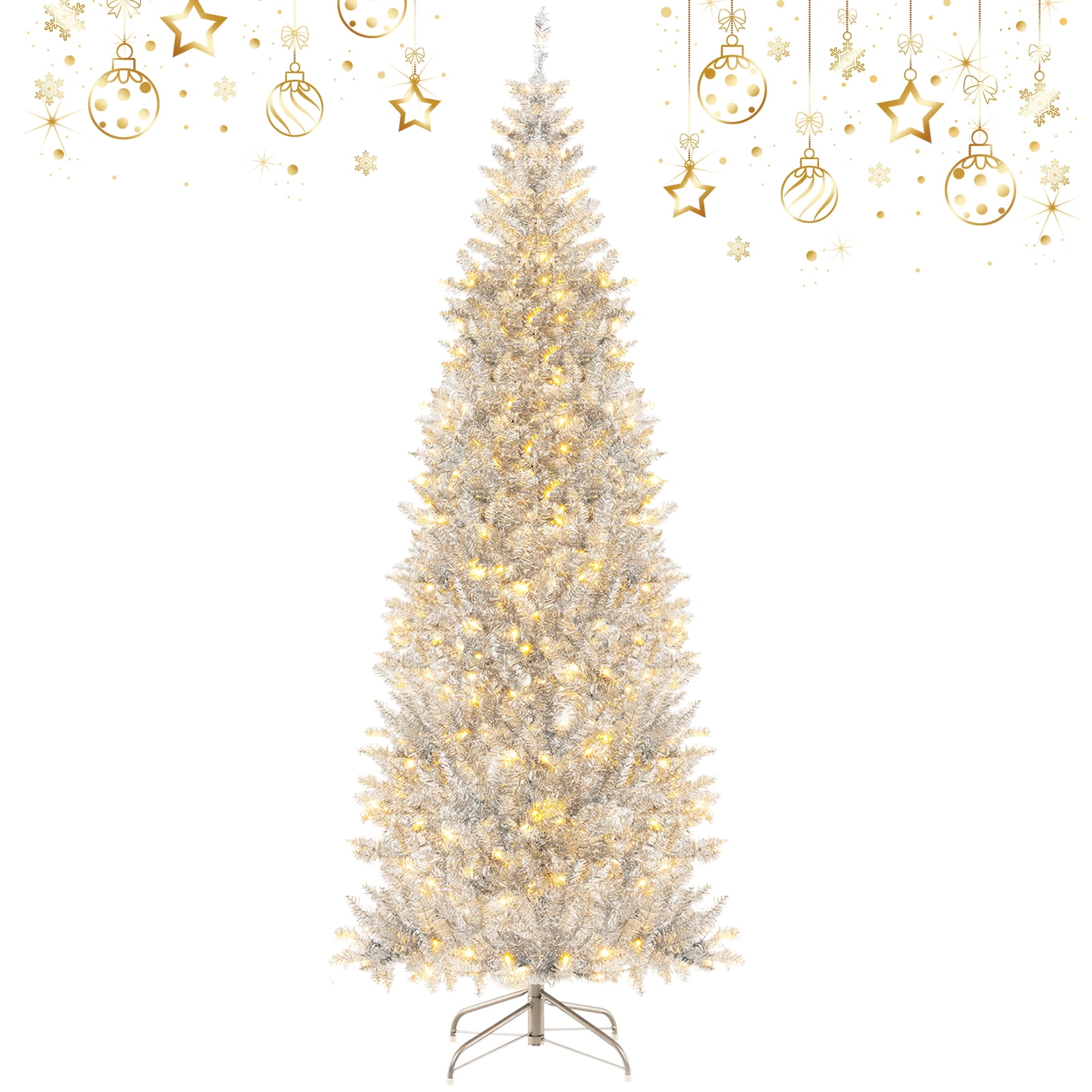 Costway 7FT Pre-lit Artificial Silver Tinsel Xmas Tree with 1030 Branch ...
