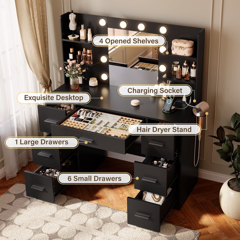 Small Vanity Desk 3-in-1 Vanity With Flip Mirror & Lights, Fluted ...