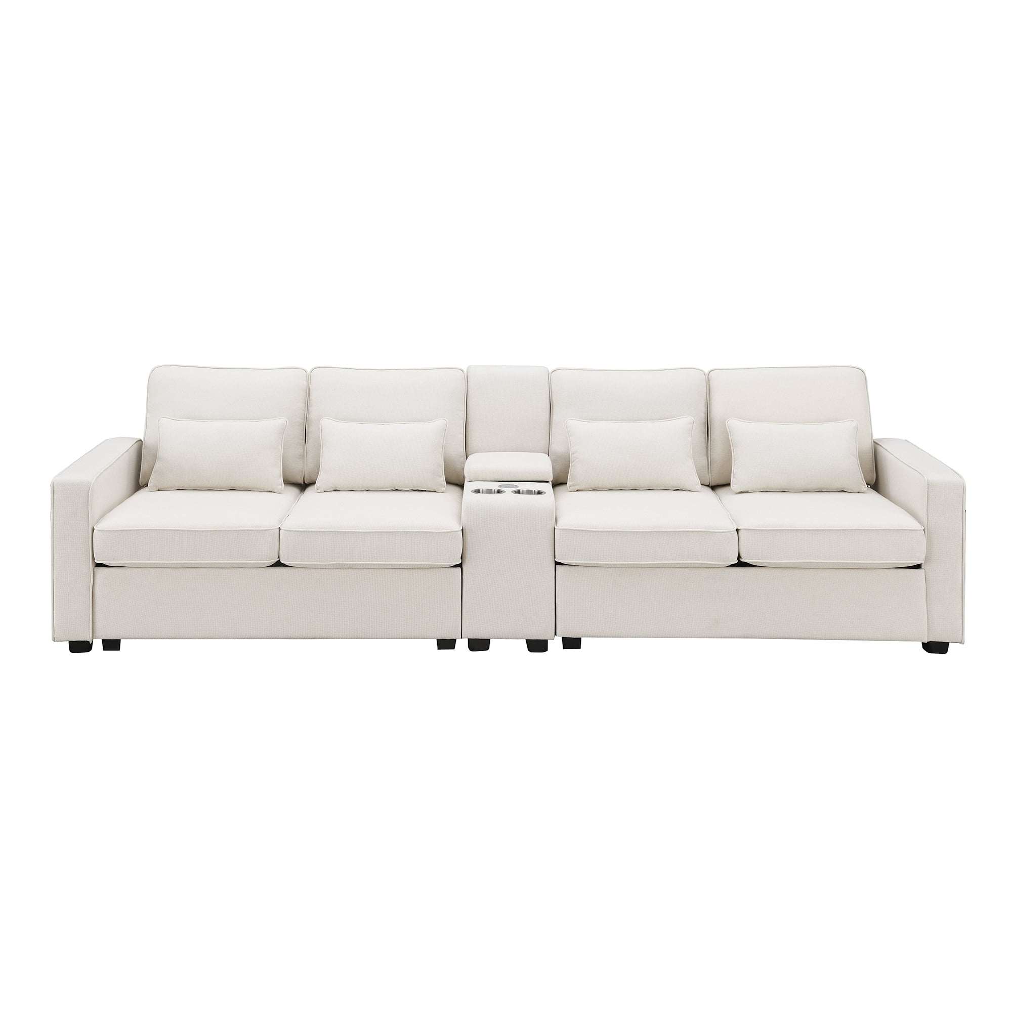 Modern 4 Seater Large Sofa with Console, Linen Fabric Upholstered Couch ...