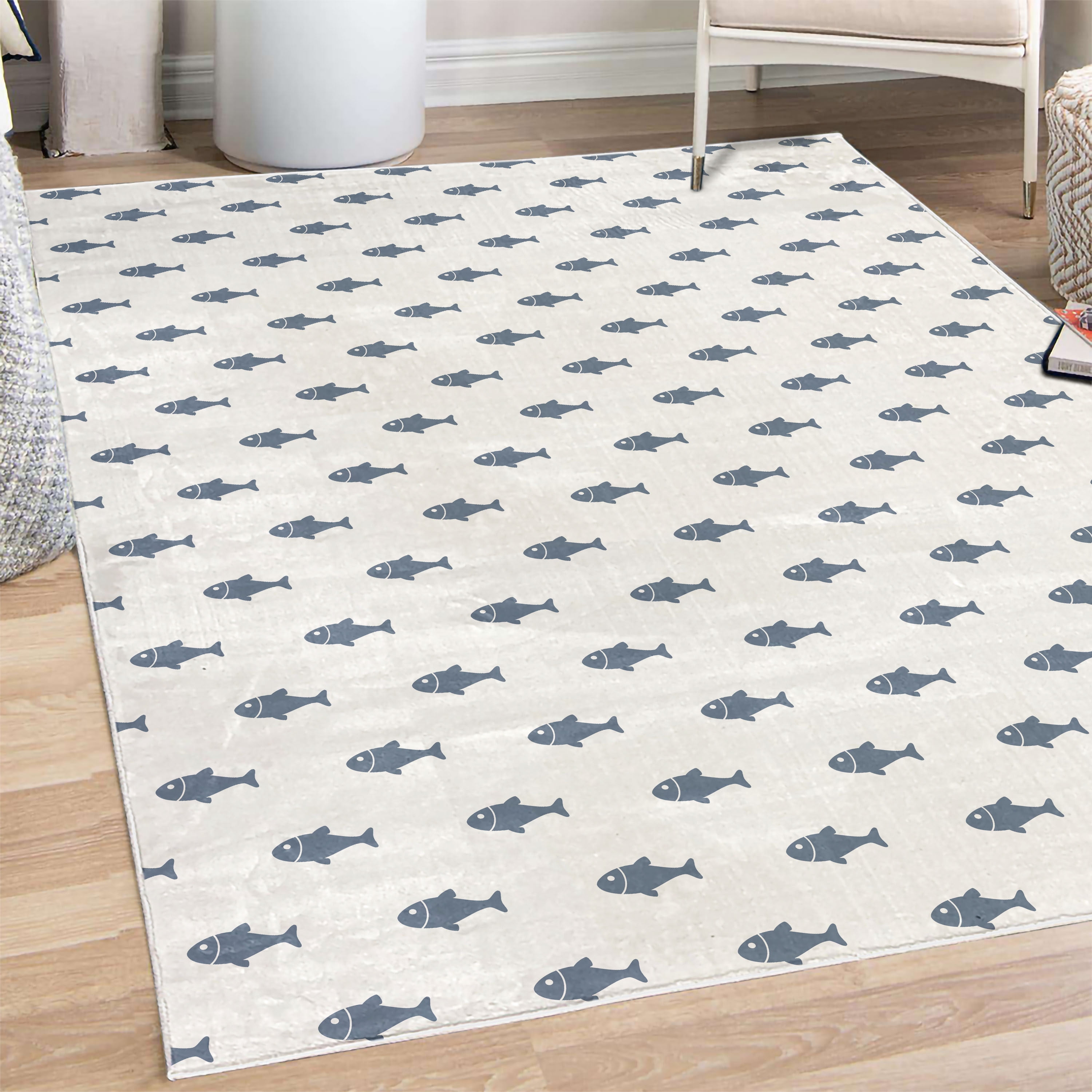Ocean Decorative Rug, Hand Drawn Nautical Sketchy Sea Life Fish Whales ...